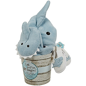 Baby Aspen Let The Fin Begin 4 Pc Bath Time Gift Set, Baby Shark Hooded Towel, Newborn, 0-9 Months, Blue
