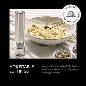 Cole & Mason Hampstead Electronic Pepper Mill - Electric Pepper Grinder Set - Adjustable Electric Spice Grinder - Kitchen Tool & Gadget - Hand Wash - Stainless Steel