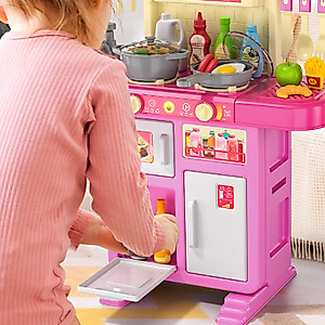 TEMI Kids Play Kitchen Playset - Pretend Play Kitchen Accessories for Toddlers 2-5 Years Old, Interactive Girls Toys Play with Lights and Sounds, Toddler Outdoor Playset Gifts for Boys