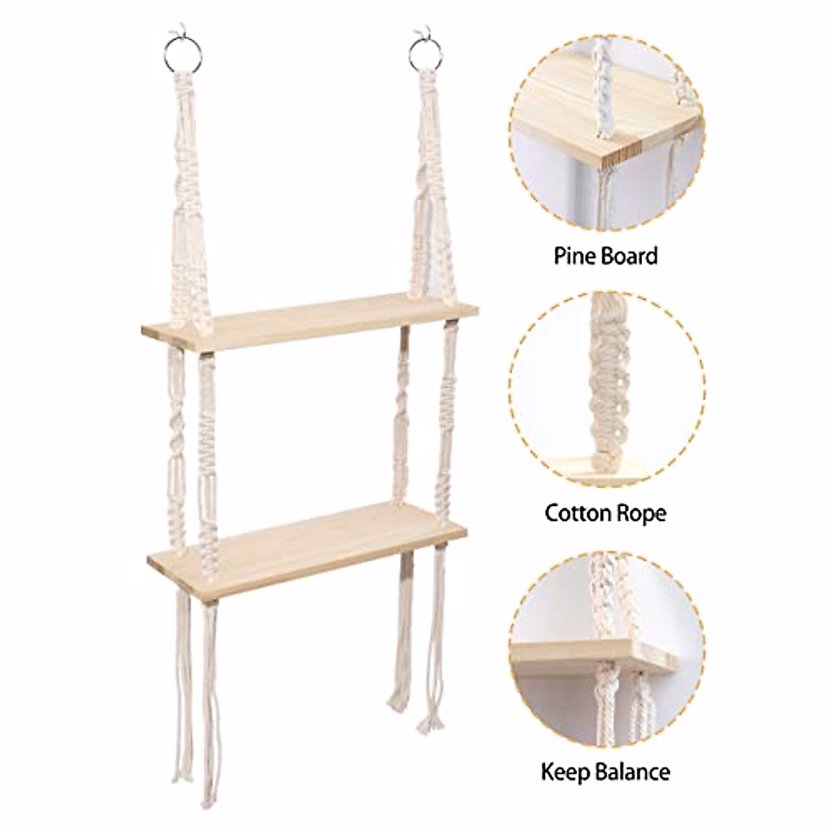 Sonefreiy Macrame Hanging Shelves 2 Tier, Natural Wood Farmhouse Window Plant Shelves Boho Wall Shelf with Hooks & Hardwares,for Bedroom Bathroom Kitchen Living Room
