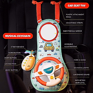 Interactive Car Seat Toys for Baby Girl & Boy - Portable Toddler Activity Center with Steering Wheel, Lever, Sounds, Music & Lights - Includes A Car Remote Musical Teether Toy for Infants