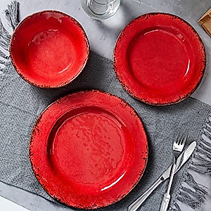 LEHAHA Farmhouse Plates and bowls set 12 Piece Melamine Dinnerware Sets for 4 People Lightweight and Unbreakable Dish Set Perfect for Indoor Outdoor Dining Party and Picnic Red