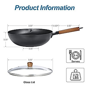 Hyoank Wok Pan, 12.5'' Flat Bottom Iron Woks, Woks and Stir Fry Pans with Lid, Carbon Steel Wok Suits for all Stoves