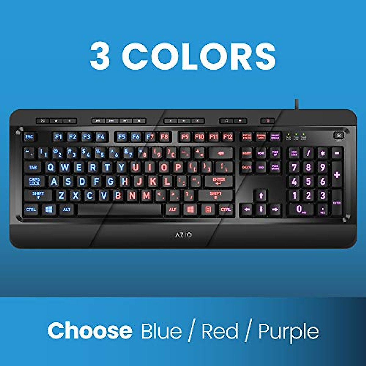 Azio Large Print Keyboard - USB Computer Keyboard with 3 Interchangeable Backlight Colors (KB505U)