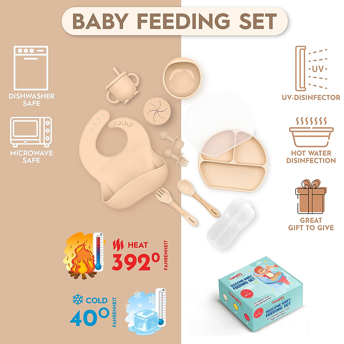 Baby Led Weaning Supplies Silicone Baby Feeding Set–11Pcs Baby Feeding Supplies with Suction Bowl and Plate, Fork, Spoon, Bib, Sippy Cup, Food-Grade Silicone Baby Utensils (Beige)