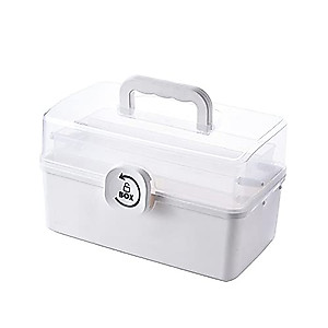 Sooyee Plastic Storage Box with 3-Tier Fold Tray,Tool Organizer Portable Handled Case,Portable Lockable Container for Arts, Crafts,Cosmetic, Sewing, Toy, Washi Tape, Legom,Clear/White