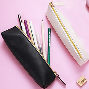 TIESOME Leather Pen Pencil Case, 2PCS Cute Slim Pen Bag Small Pencil Pouch Lovely Stationery Bag Portable Cosmetic Bag Zipper Bag for Pen Pencils Markers(Black+White)