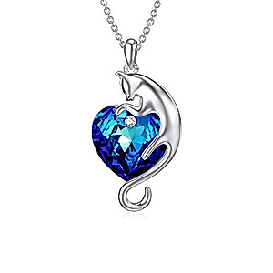 AOBOCO Cat Necklace Sterling Silver Cute Cat Pendant Jewelry with Ocean Blue Heart Crystal Gifts for Cat lover