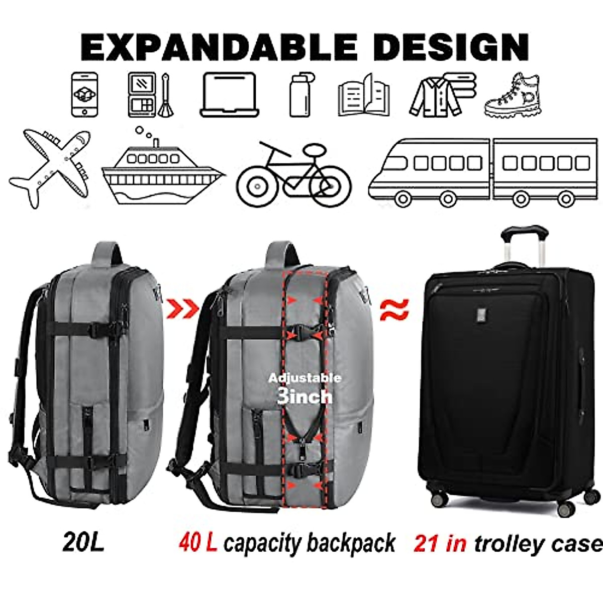 Carry on Travel Backpack, 40L-50L Airplane Flight Approved Backpack for Women Men, Extra Large Expandable Water Resistant Luggage Backpack Daypack Perfect Fit for 17 17.3 18 18.4 Inch Laptop, Grey