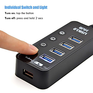 USB Hub 3.0 Powered, LYFNLOVE USB Extender 4-Port Data USB Hub with Power Adapter and 1 Smart Charging Port, USB Splitter with On/Off Switches for MacBook, Mac Pro/Mini, iMac, Surface Pro Laptop/PC