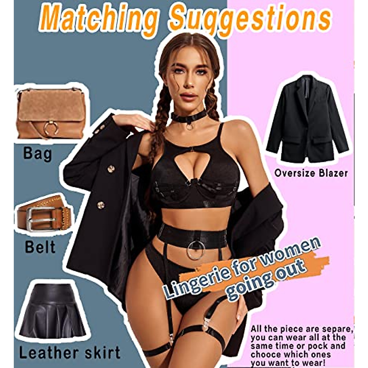 Avidlove Sexy Lingerie Set for Women with Underwire Bondaged Lingerie Set Strappy Push Up 5 Piece Garter Lingerie Set(No Stockings) Black