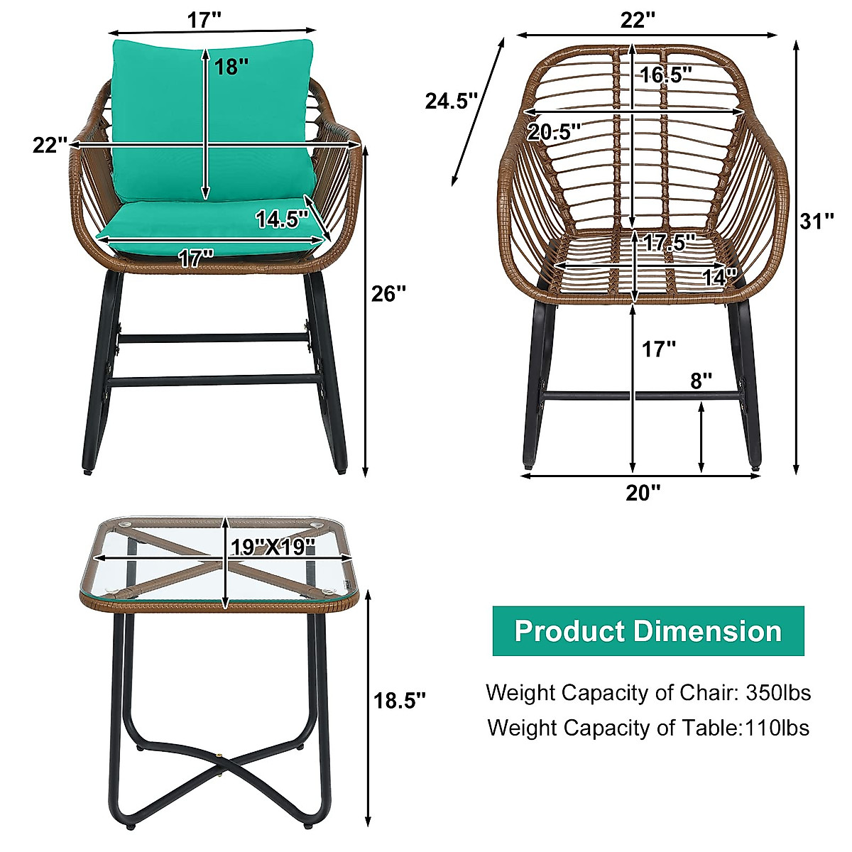 Tangkula 3 Pieces Patio Bistro Set, Patiojoy Outdoor PE Rattan Armchairs and Coffee Table Set with Comfortable Cushions & Adjustable Foot Pads, Suitable for Garden Backyard Poolside (Turquoise)