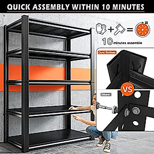 REIBII Garage Shelving Heavy Duty Storage Shelves Load 2000Lbs, Adjustable Garage Shelves Heavy Duty Shelving, 5-Tier Metal Shelving Unit, Garage Storage Shelves, Utility Shelf Racks, 40"W x18"D x72"H