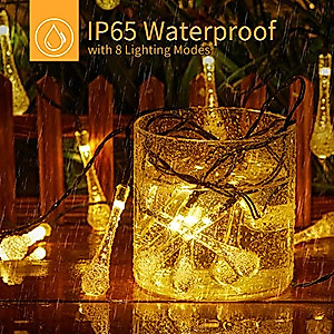 Solar String Lights Outdoor Waterproof, 2 Pack 80 LED 52 FT Total Solar Water Drop Lights with 8 Lighting Modes, Solar Powered Patio Lights for Garden Wedding Party Decor, Warm White