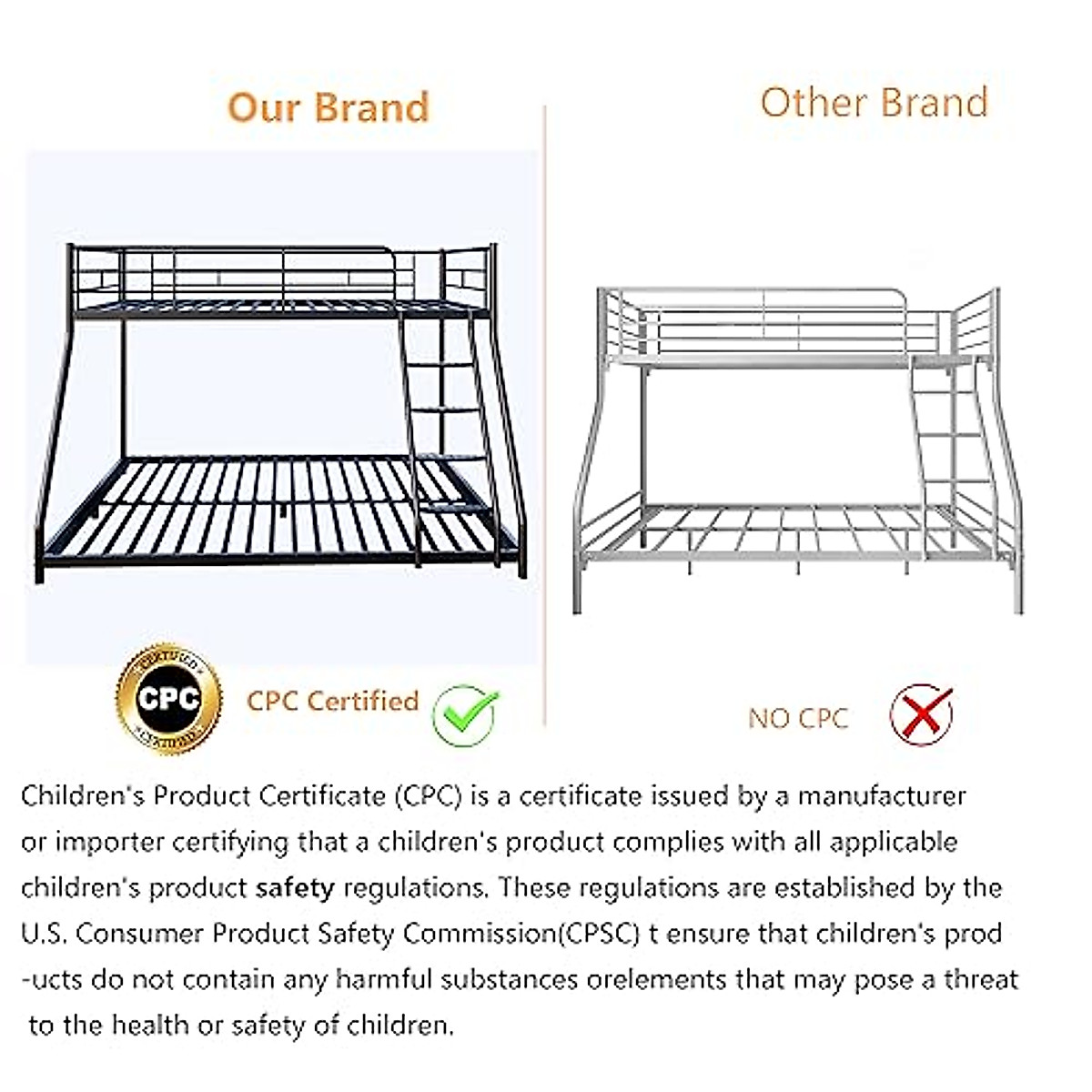 GRAYELL Metal Bunk Beds Twin Over Full Bunk Bed for Kids Teens Adults,Heavy Duty,CPC Certified,with Comfortable Rungs,No Box Spring Needed,Easy to Assemble,Black