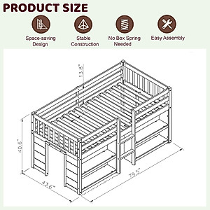 Luckiofvonne Twin Size Low Loft Bed with Storage Shelves, Wood Kids Twin Loft Bed with LED Light and Shelves, Low Loft Bed for Kids, Boys Girls, Strong Wood Slats Support, White