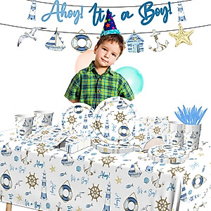 Ahoy Nautical Baby Shower Decorations Tableware,142pcs Ahoy Its A Boy Baby Shower Plates and Napkins Supplies Ahoy Nautical Party Dinnerware Tablecloth for Boy Sailor Theme Baby Shower Decorations