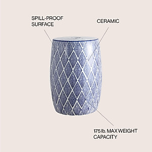 JONATHAN Y TBL1019A Moroccan Diamonds 18" Ceramic Drum Garden Stool, Coastal, Contemporary, Transitional, Side Table, Plant Stand, Spill-Proof, Living Room, Garden Room, Patio, Blue/White