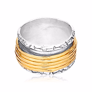 JEAN RACHEL JEWELRY 925 Sterling Silver Rotating Spinner Ring With 5 One Micron 14K Gold Plated, Hypoallergenic, Nickel and Lead-free, Artisan Handcrafted Designer Collection, Made in Israel