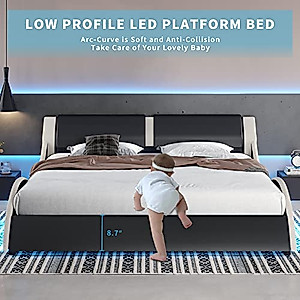 Led Bed Frame Queen Size Modern Upholstered Platform Bed Frame with LED Lights Faux PU Leather Wave Like Low Profile Platform Bed Frame with Headboard, Wooden Slats, No Box Spring Needed, Black+White