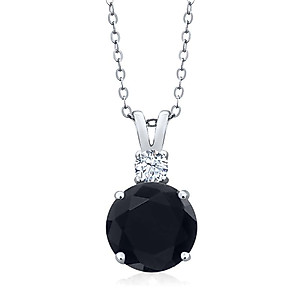 Gem Stone King 3.14 Cttw Black Onyx and White Topaz Pendant Necklace For Women In 925 Sterling Silver | Gemstone December Birthstone | Round 10MM | With 18 Inch Chain