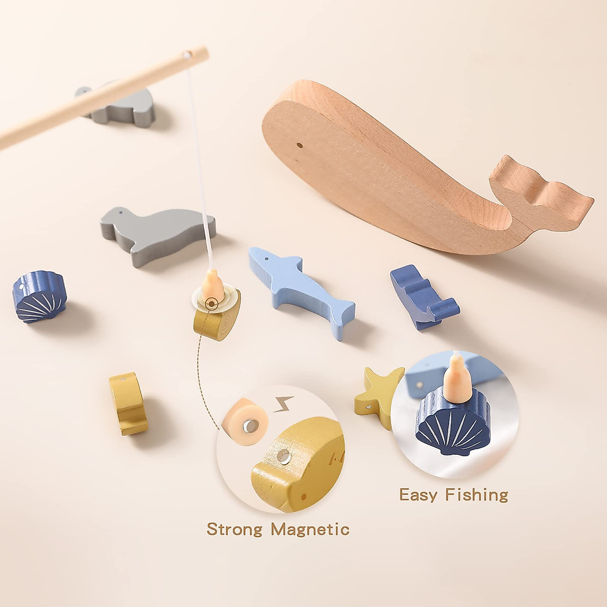 Wooden Stacking Marine Animals Toys for Kids 3-5, Magnetic Fishing Toys, 9 Piece Balance Toy Stacking Toys Gifts for 3 4 5 Year Old Childrens Montessori Toys for Boys & Girls, Fine Motor Skills