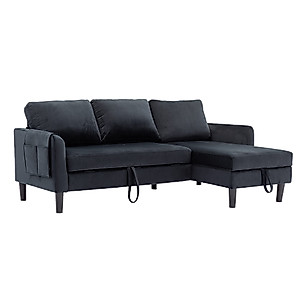 PEIHONGET Sleeper Sectional Sofa, 72.44" Velvet L-Shape 3 Seat with Pull Out Bed, Sectional Sofa Couch with Storage Chaise Living Room Bedroom Apartment(Black)