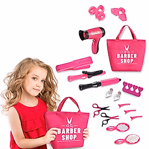 Hair Salon Toys for Girls,17 Pcs Kids Vanity Toddler Girl Toys,Pretend Play Realistic Girl Beauty Salon Playset Hair Styling Set with Toy Hairdryer, Mirror & Other Accessories Toys for Girls 4-6. (A)