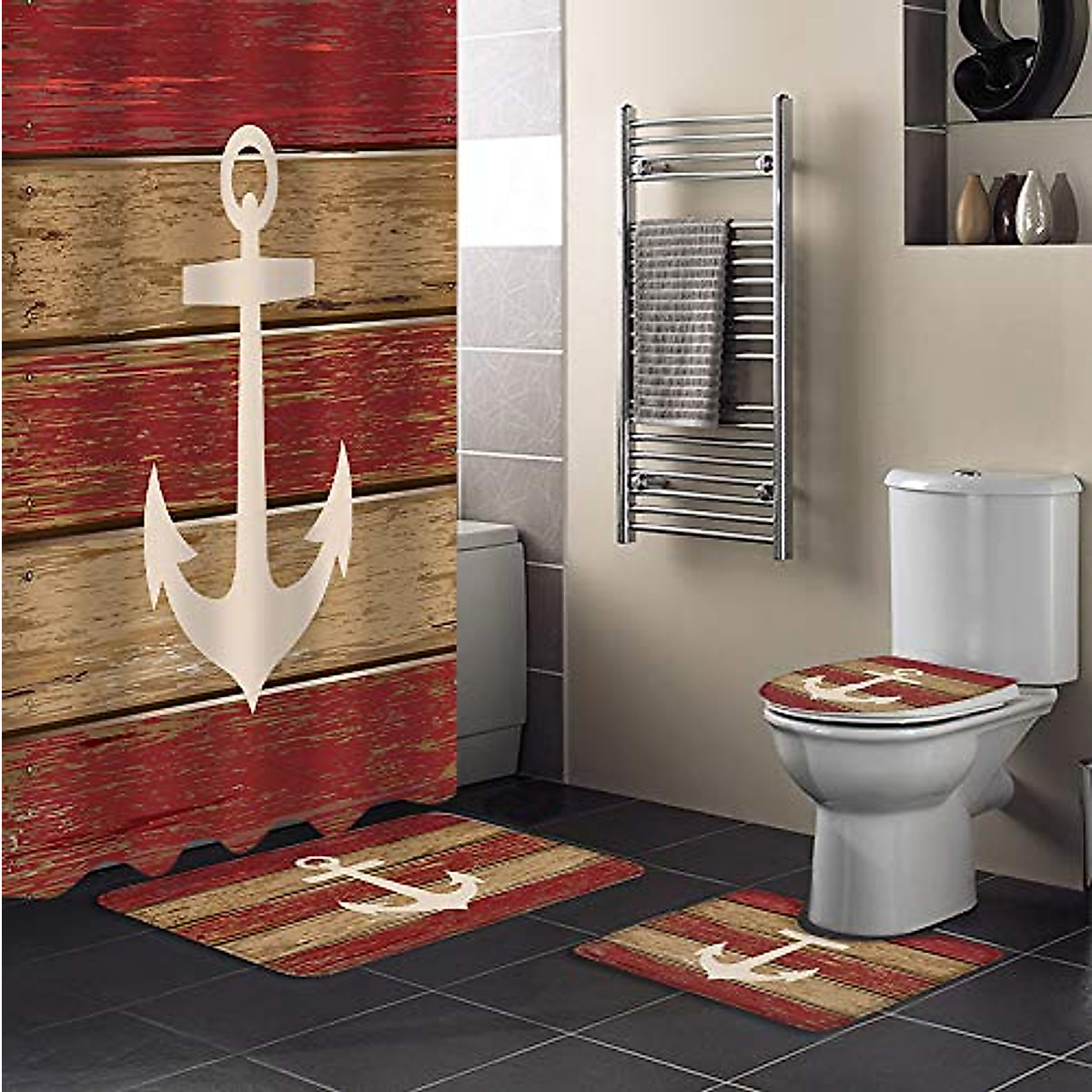 WARM TOUR 4 Piece Shower Curtain Sets with Bath Rugs Nautical Anchor Rustic Wood Board,Non-Slip Floor Mat,Toilet Lid Covers,U-Shape Contoured Pad Marine Red Wood Grain Bathroom Set for Home Decor