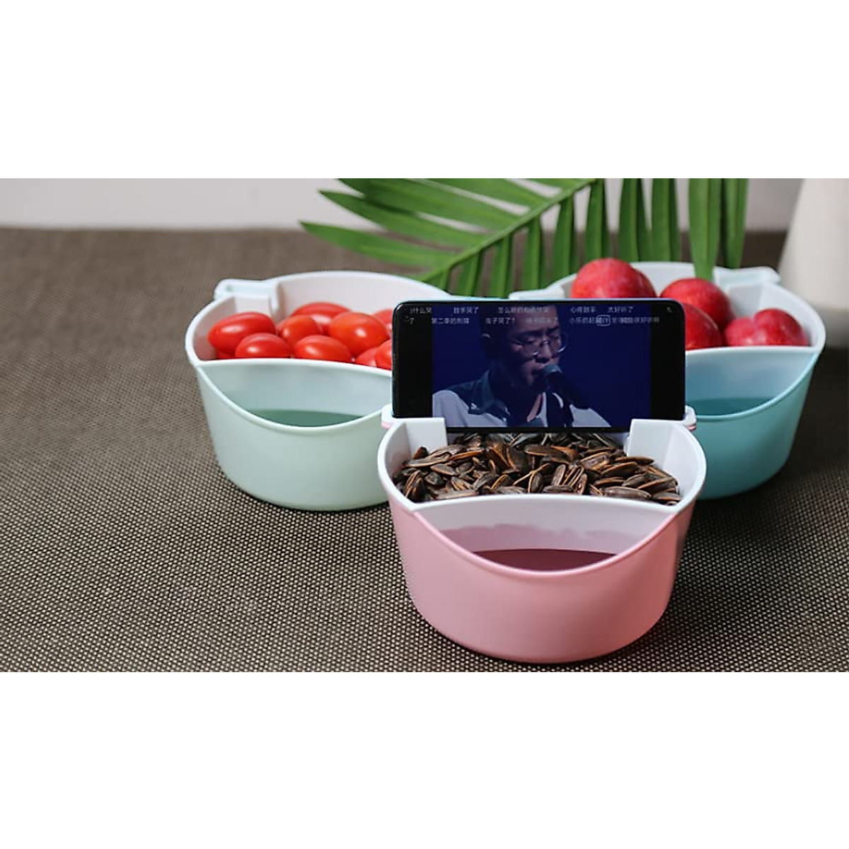 JOONOR 2 Pack Double Dish Bowl and Snack Serving Bowl for Peanuts Pistachios Cherries Edamame Fruits Candy,Double Layer Drain Tray,Green/White and Blue/White