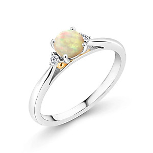 Gem Stone King 925 Sterling Silver and 10K Yellow Gold White Ethiopian Opal and White Lab Grown Diamond Engagement Ring For Women (0.34 Cttw, Gemstone, Available in size 5, 6, 7, 8, 9)