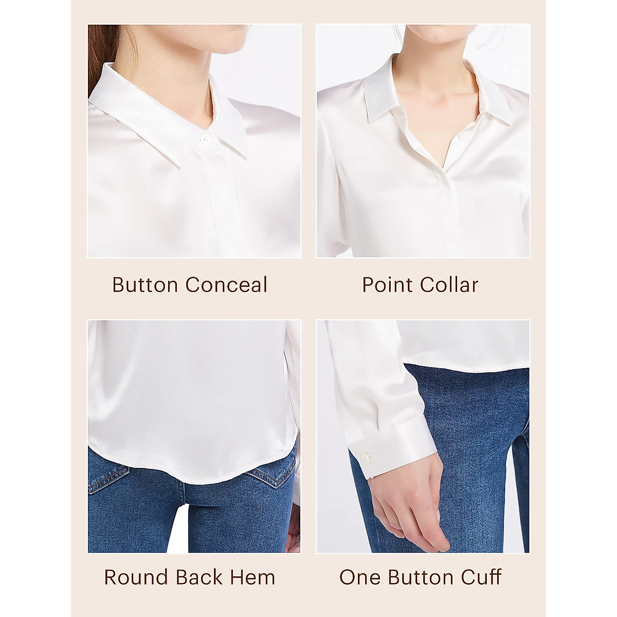 LilySilk Women's Silk Blouse 100% 22MM Silk Button-Down Shirt Long Sleeves Classic Timeless Top for All Seasons Casual Business, Natural White L