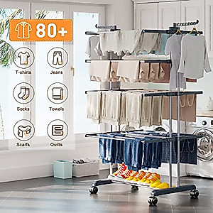 Raybee Clothes Drying Rack Folding Indoor 5-Tier 73.6" H Laundry Drying Rack Oversized Drying Rack Clothing Foldable Clothes Rack Drying with Wheels Outdoor Use