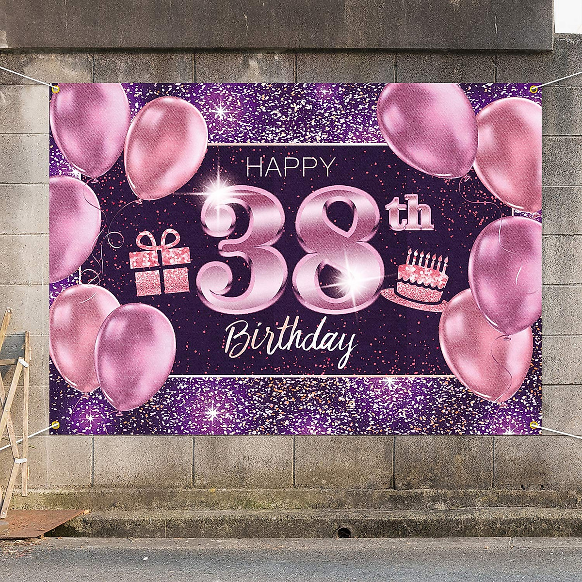 PAKBOOM Happy 38th Birthday Banner Backdrop - 38 Birthday Party Decorations Supplies for Women - Pink Purple Gold 4 x 6ft