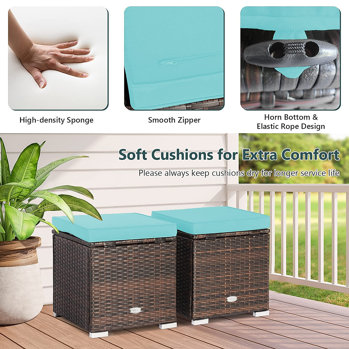 Tangkula 2 Pieces Patio Ottomans, Patiojoy Hand-Woven PE Rattan Side Table with Removable Cushion & Hidden Storage Space, Multifunctional Storage Box, Seat for Patio, Backyard, Poolside (Turquoise)