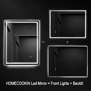 HOMECOOKIN Wall Mount 20x28 inches LED Mirror, Bathroom, Rectangular, Aluminum, Modern, Anti-Fog, Adjustable 3 Colors, Backlit