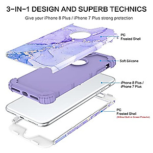 BENTOBEN iPhone 8 Plus/iPhone 7 Plus Case, Phone Case Heavy Duty 3 in 1 Full Body Rugged Shockproof Hybrid Hard PC Bumper Drop Protective Girls Women iPhone 8 Plus/7 Plus Cover, Purple Marble Design
