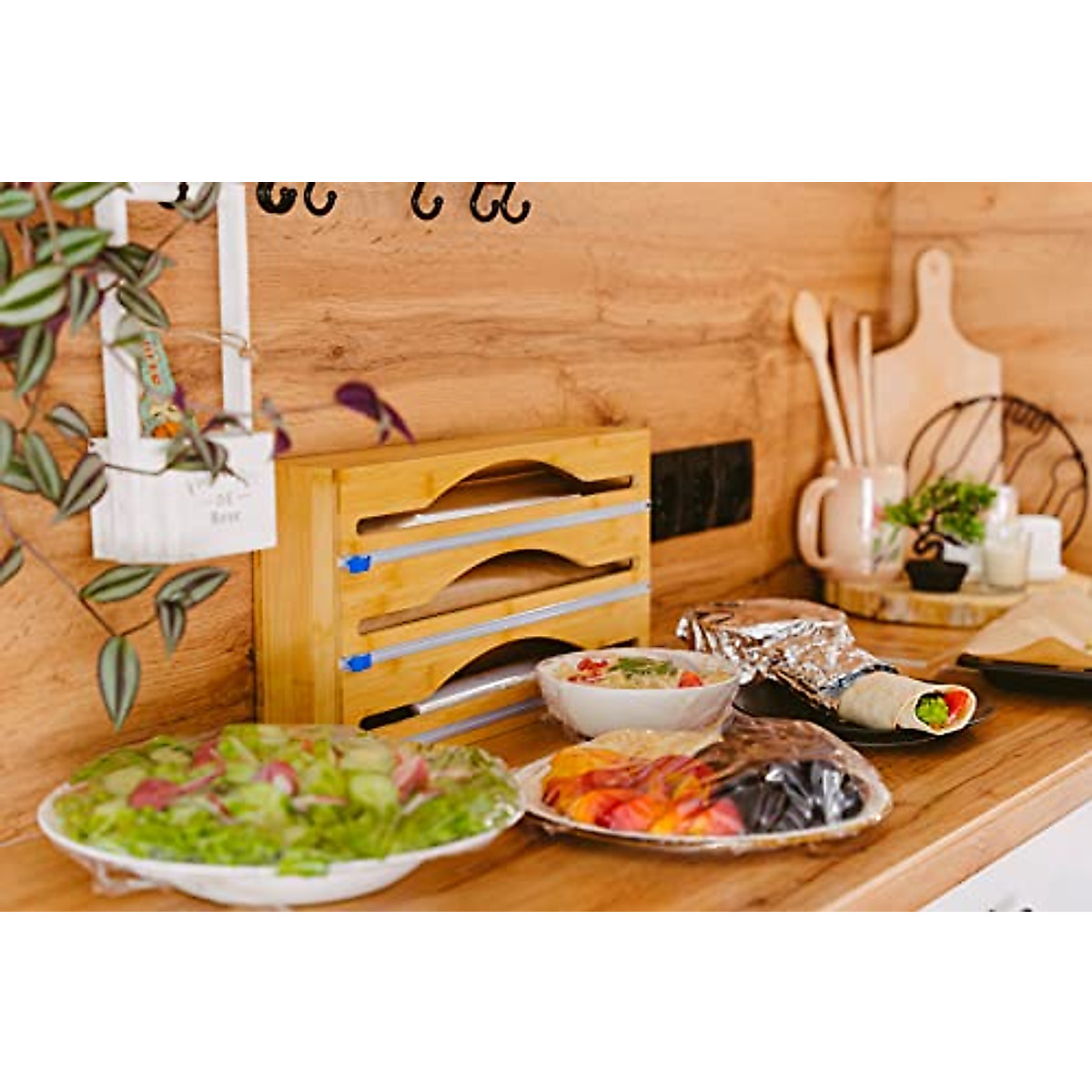 Foil Organizer for Drawer 15"- Long Bamboo Foil and Plastic Wrap Organizer, 3.8" tall 3 in 1 Wrap Dispenser with Cutter for Plastic Wrap, Tin Foil, Wax Paper up to 250 FT, Parchment Paper Up to 200 FT