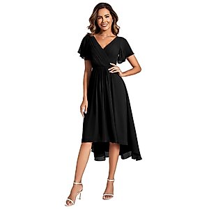 Ever-Pretty Women's Chiffon V-Neck Short Wedding Guest Dress with Ruffled Sleeves Black US12