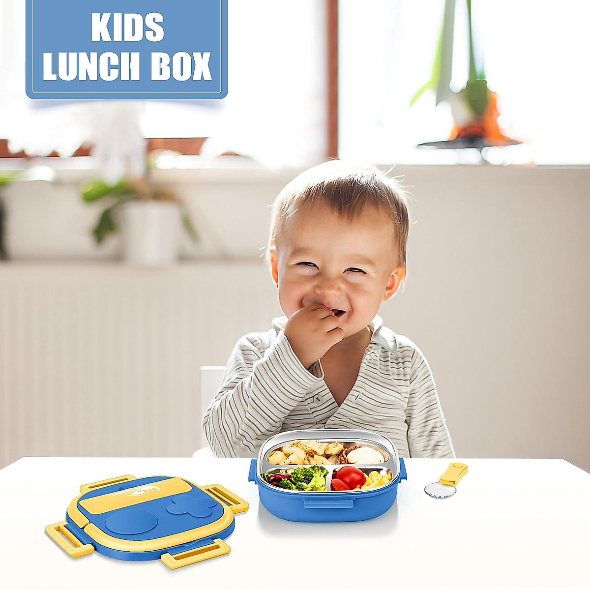 PEDECO Stainless Steel Toddler Bento Box - 3-Compartment Lunch for Kids Ages 1-3 | Leakproof Lock & Portable Utensil Set | BPA-Free,Dishwasher Safe | Daycare,Preschool,Travel (Blue)