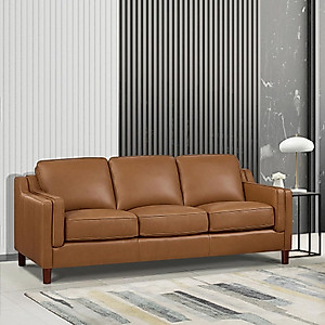 Hydeline Bella Top Grain Leather Sofa Couch, 84", Cognac - Feather Down, Memory Foam and Springs Seating
