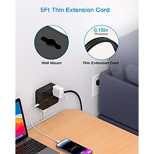Power Strip Surge Protector, 5Ft Ultra Thin Flat Plug Extension Cord with Multiple Outlets, 8 Widely Outlet Extender with 4 USB Ports(2 USB C), 1080J Wall Mount for College Dorm Room Essentials Black