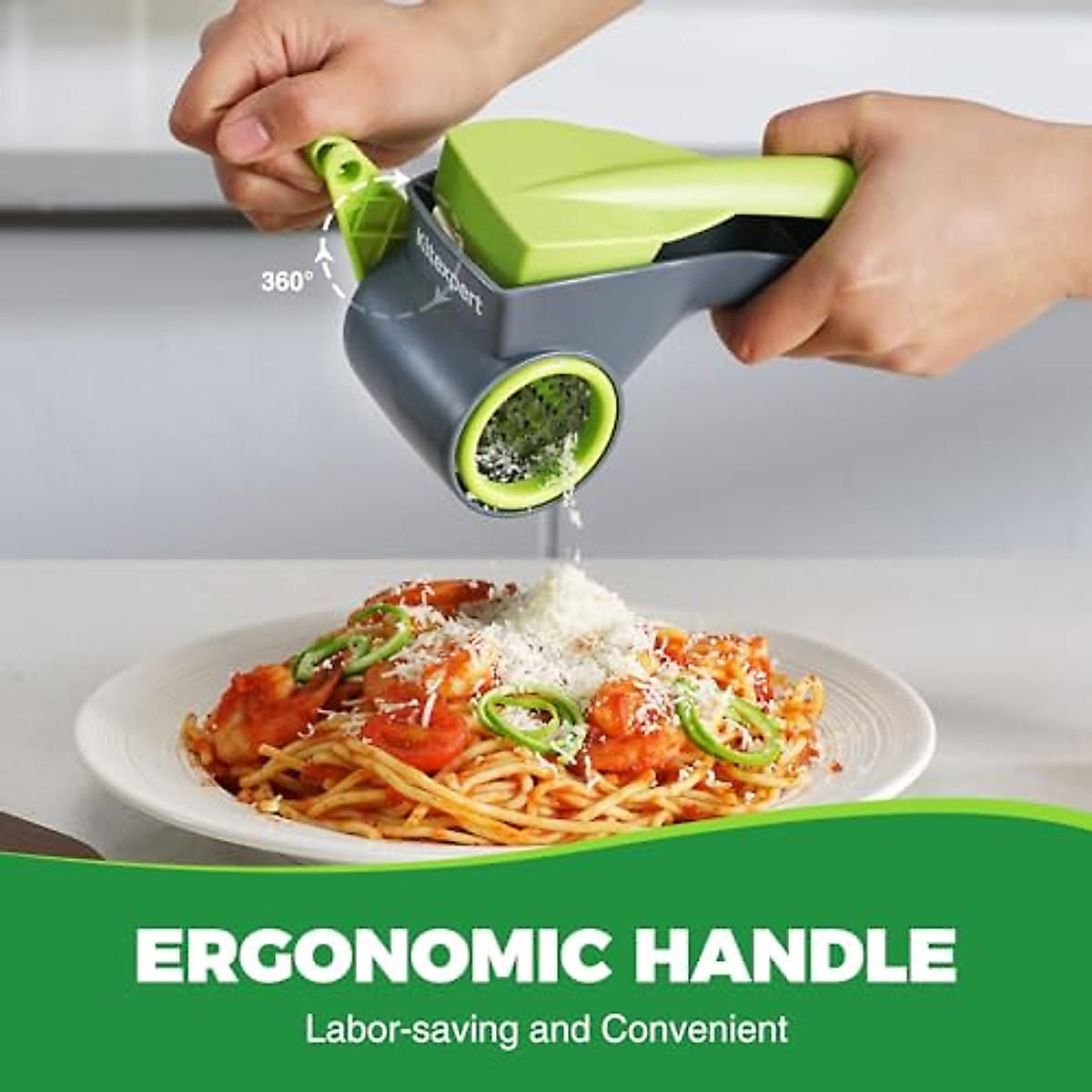 KITEXPERT Cheese Grater with Handle, Parmesan Cheese Grater, Handheld Rotary Cheese Grater, Olive Garden Cheese Grater with 2 Stainless Steel Drums for Hard Cheese, Chocolate, Nuts, vegetables