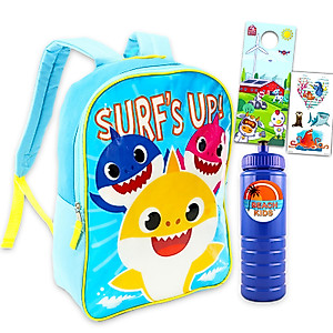 Fast Forward Baby Shark Backpack for Toddlers, Kids - Baby Shark School Supplies Bundle with 15” Baby Shark School Bag Plus Stickers, Water Bottle, Backpack Clip, and More (Baby Shark Travel Bag)