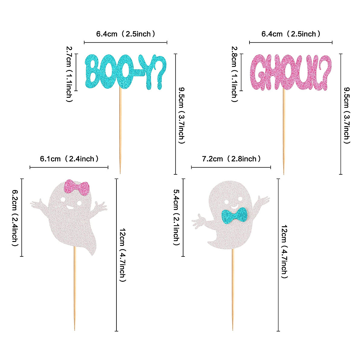 Ercadio 24 Pack Boo-y or Ghoul Cupcake Toppers Glitter Halloween Ghost Cupcake Picks Boy or Girl Cupcake Toppers Baby Shower Birthday Halloween Themed Gender Reveal Cake Decorations Supplies