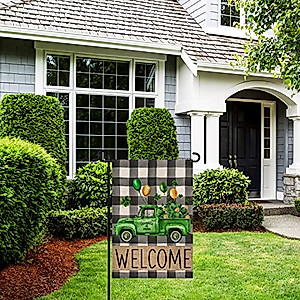 Welcome ST Patricks Day Garden Flag 12x18 Double Sided Truck Shamrocks Buffalo Plaid Seasonal Hoilday Farmhouse Yard Outside Décor