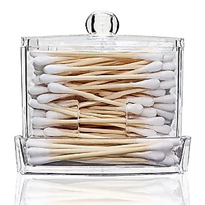 Qihomy Square Cotton Swab Storage Container - Transparent Apothecary Jars With Lids Unbreakable Cotton Ball Qtip Holder With 2 Types Take Out Ways Bathroom Canisters Jars
