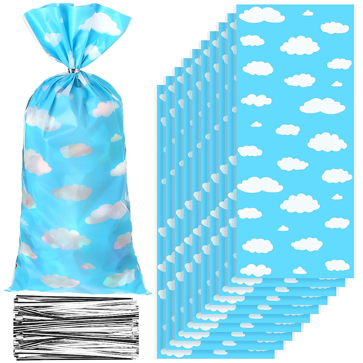 Outus 100 Pieces Blue Sky White Clouds Birthday Party Supplies Blue Sky White Clouds Cellophane Bags Cartoon Story Gift Bags with 200 Silver Twist Ties for Baby Kids Shower Birthday Party Decorations