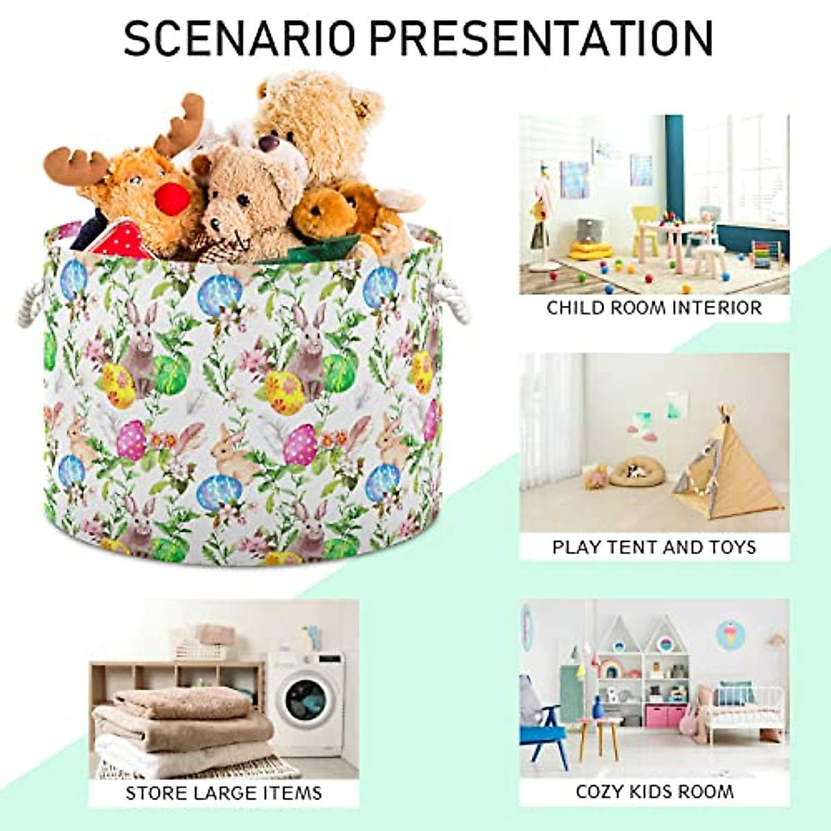 senya Easter Storage Basket Easter Bunny Eggs in Grass Flowers for Toys Clothes Storage Bin Box Laundry Hamper Organizer Bag with Handles