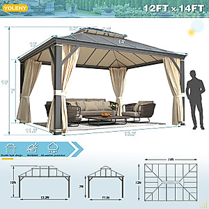 YOLENY 12'x14' Hardtop Gazebo, Permanent Outdoor Aluminum Patio Gazebo with Aluminum Composite Double Roof for Patio Lawn and Garden, Curtains and Netting Included